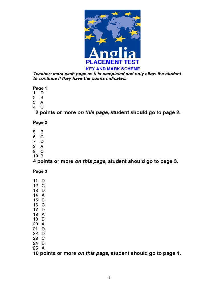 (Anglia) - Placement Test Key and Mark Scheme | PDF