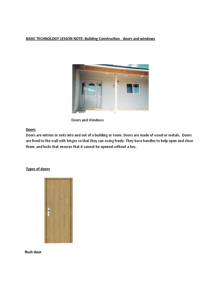 BASIC TECHNOLOGY LESSON NOTE. Building Construction (Doors and Windows ...