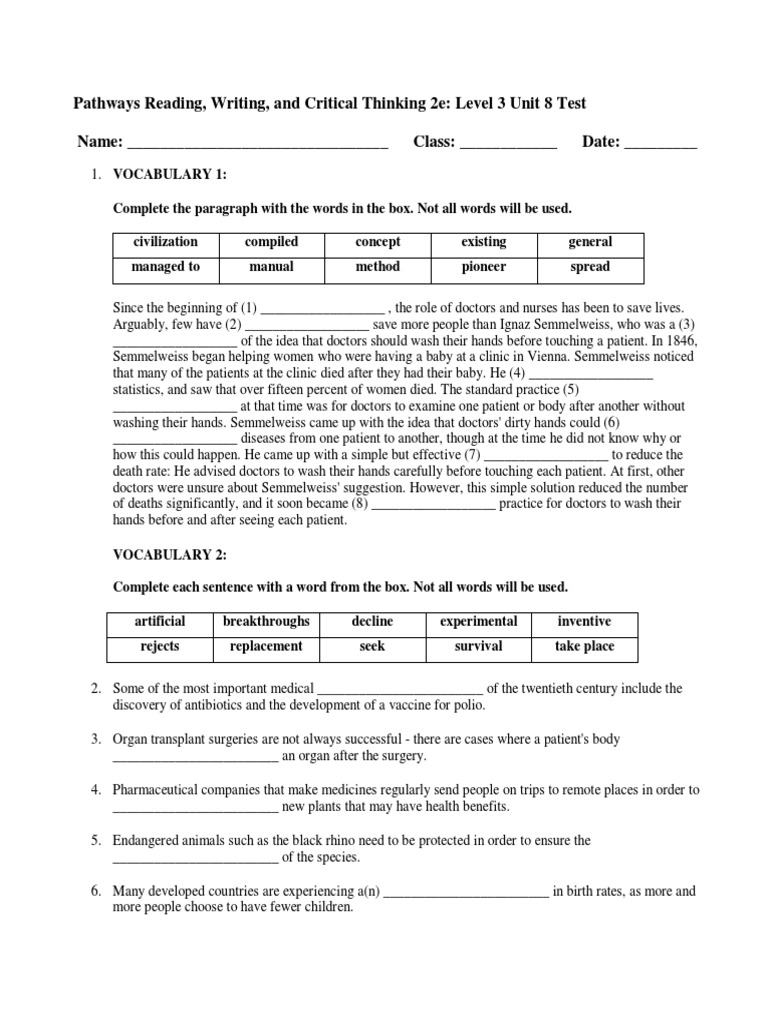 Pathways Rw3 2e U8 Test | PDF | Clinical Medicine | Medicine