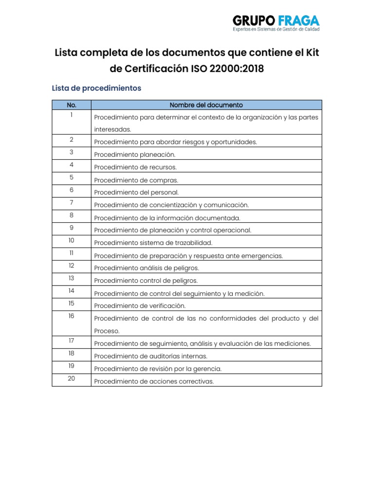 Lista Completa de Los Documentos Del Kit de Certificación ISO 22000 ...