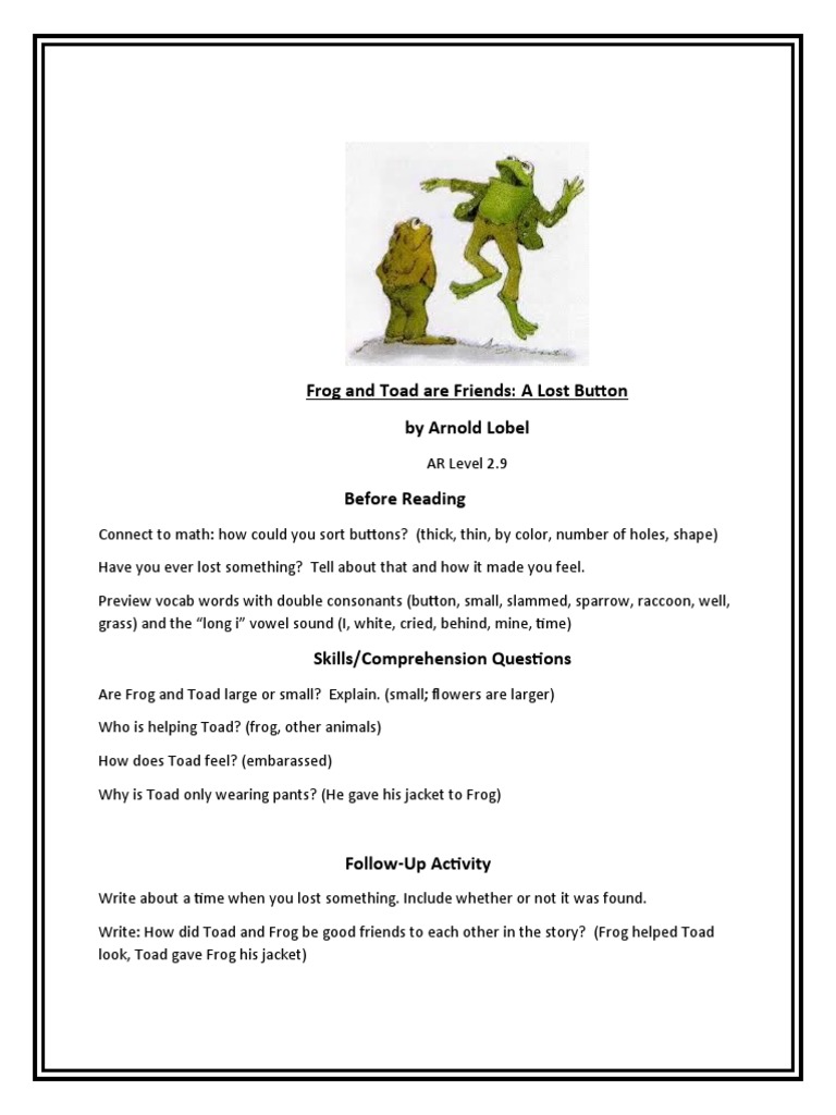 Frog and Toad Are Friends: A Lost Button by Arnold Lobel Before Reading | PDF | Games ...