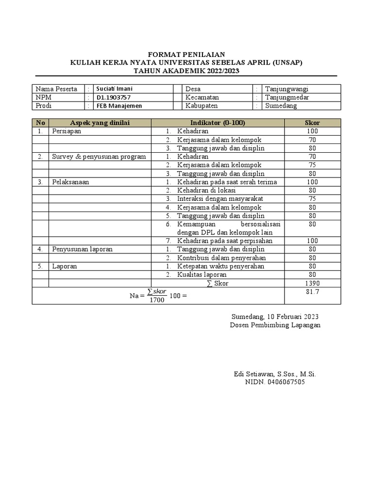 Suciati Imani Format Penilaian KKN - 1 | PDF