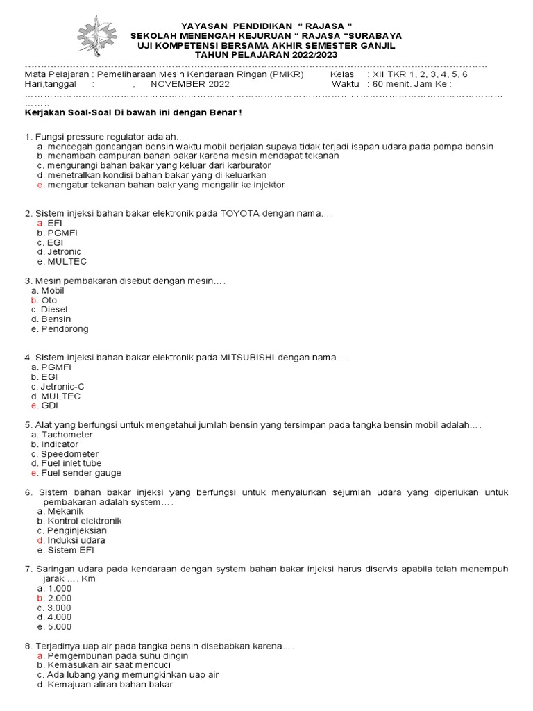 Soal PMKR CBT Pas Ganjil 2022-2023 Xii TKR | PDF
