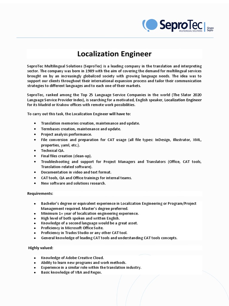 Localization Engineer - SeproTec Multilingual Solutions | PDF ...