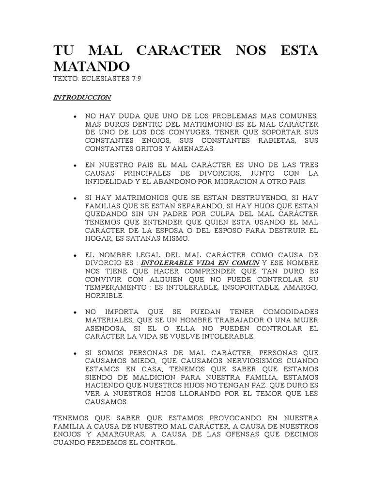 El Mal Carácter Destruye Matrimonios | PDF
