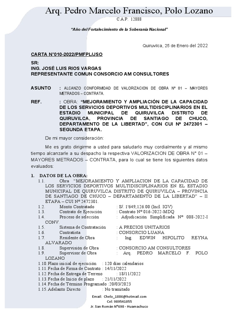 Carta 010-2022 - MDQ - PMFPL Val 01 Mayores Metrados | PDF