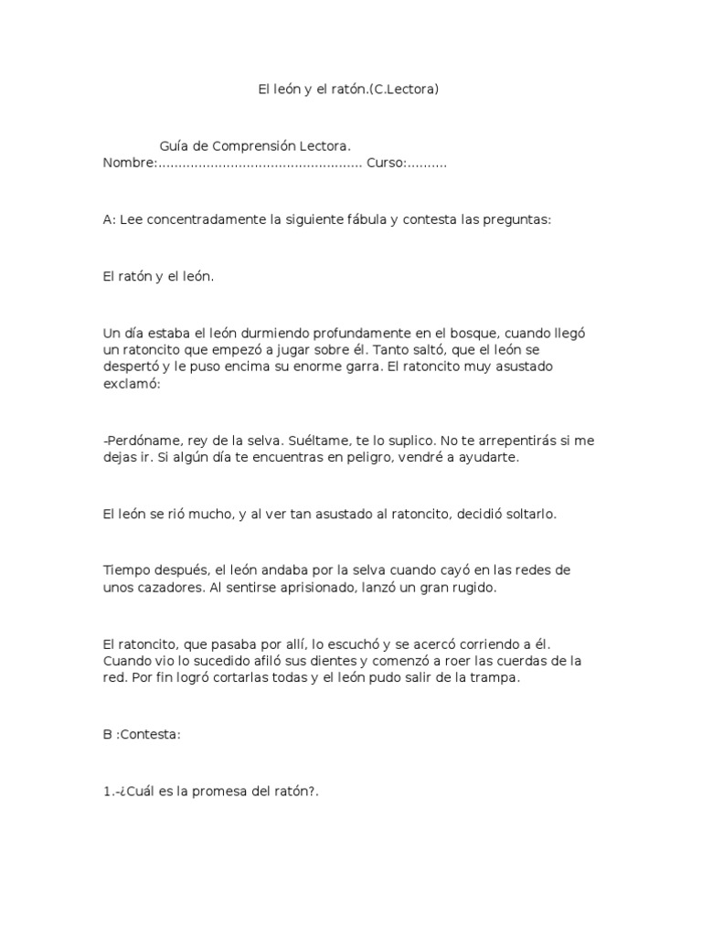Guía Comprensión Lectora, Fabula El León y El Ratón | PDF | Hogar ...