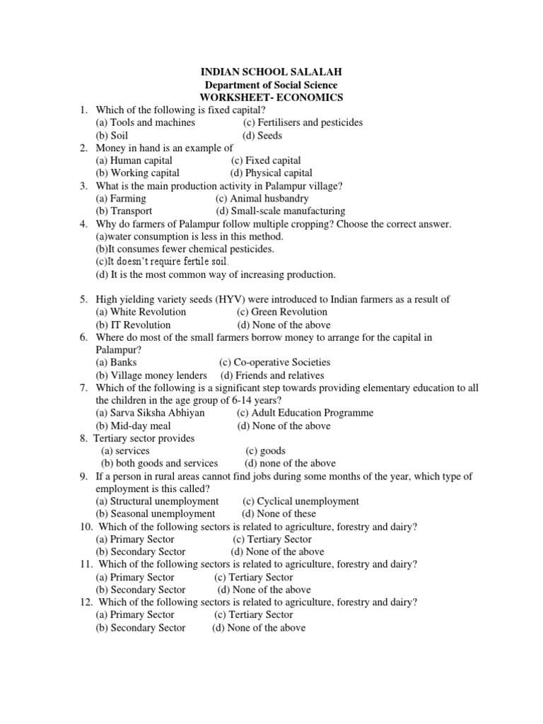 Economics Worksheet for Indian School Salalah | PDF | Poverty | Poverty ...