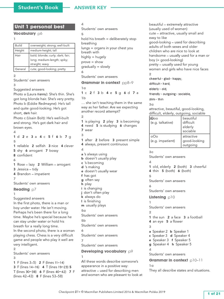 Checkpoint B1 SB Answer Key | PDF | Hotel