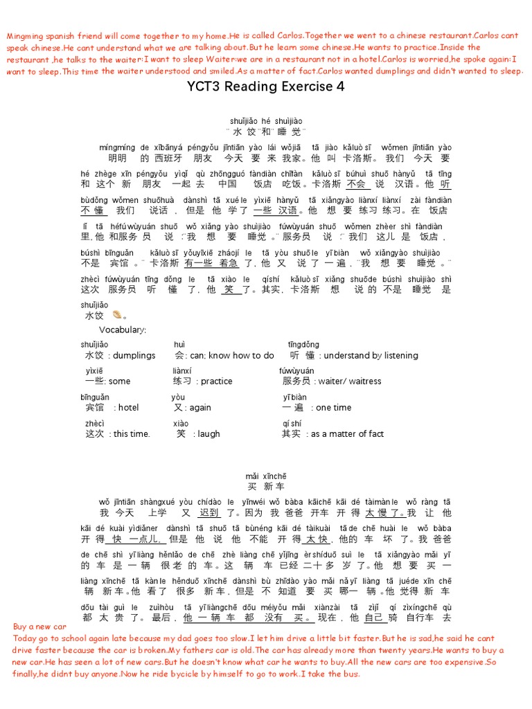 YCT3 Reading Exercise 4 | PDF