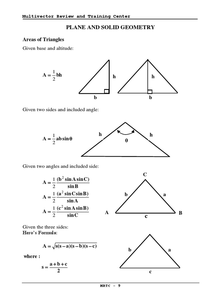 Plane and Solid Geometry Formulas | PDF | Triangle | Circle