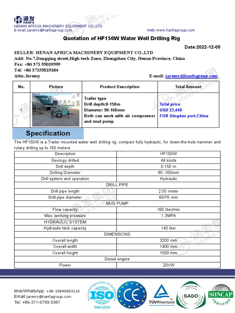 2022-12-05 Quotation of HF150W Water Well Drilling Rig Work With Mud ...