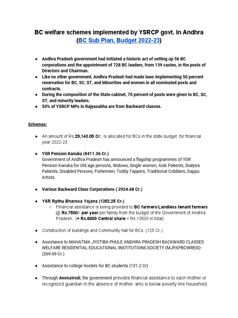 AP BC Welfare Schemes Overview 2022-23 | PDF | Welfare | Poverty