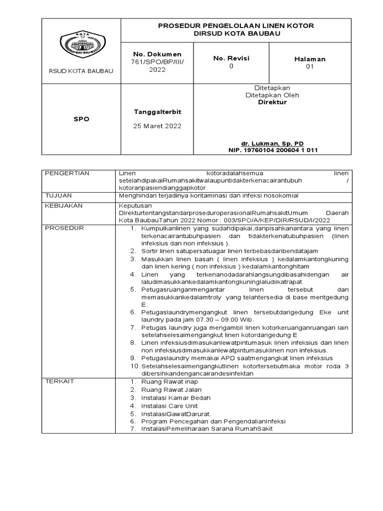 Spo Pengelolaan Linen Kotor Di Rsup DR Sitanala | PDF