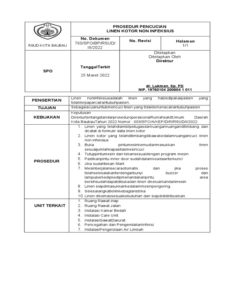 Spo Pencucian Linen Kotor Non Infeksius | PDF | Sains & Matematika