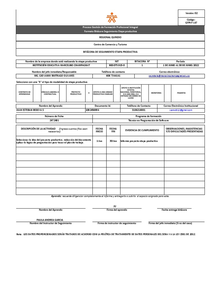 GFPI-F-147 Formato Bitácora 1 | PDF