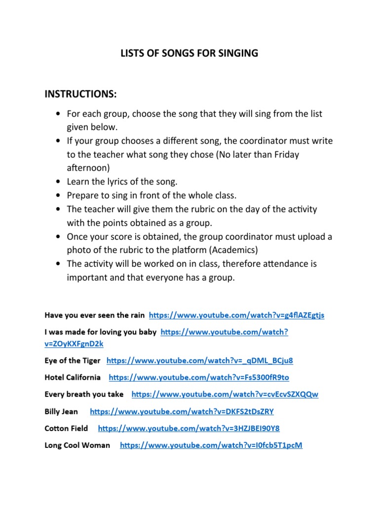 Lists of Songs For Class Activity | PDF