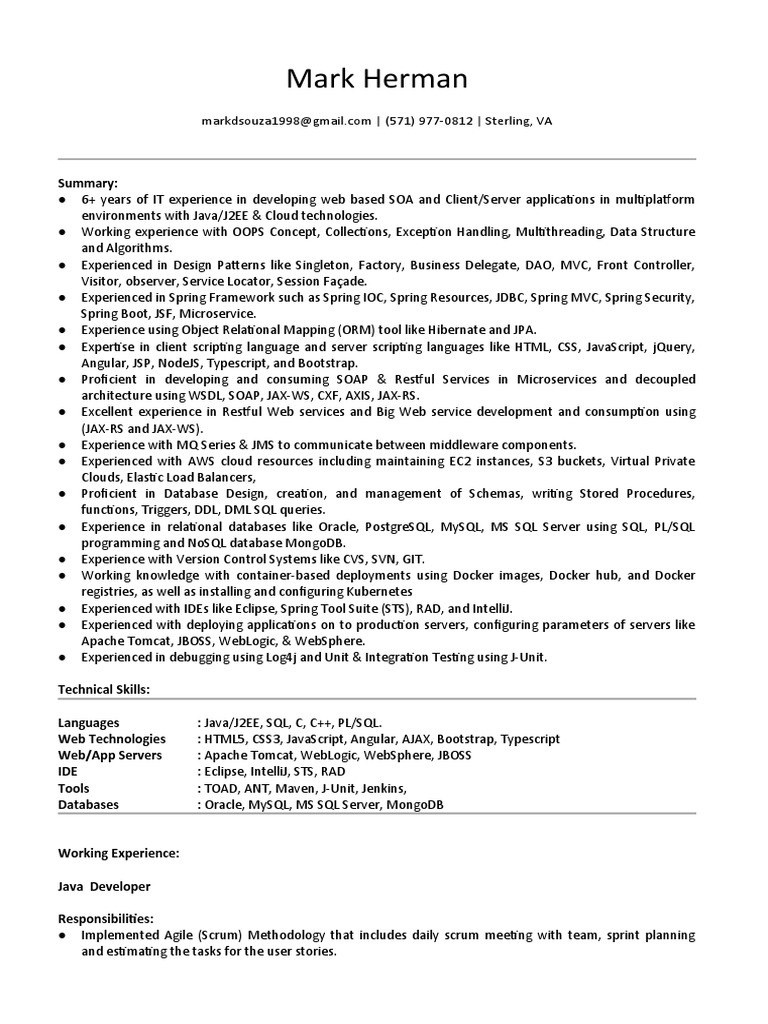 Mark Java Resume | Download Free PDF | Spring Framework | Databases