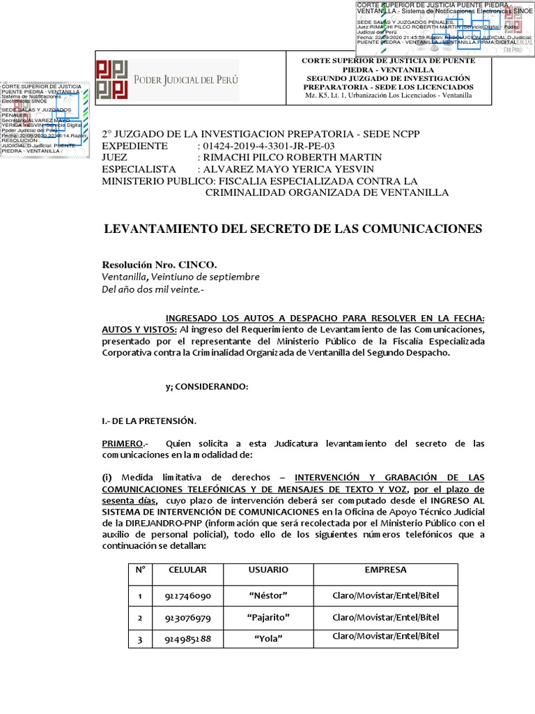 Exp. 01424-2019-4-3301-JR-PE-03 - Resolución - 45161-2020 | PDF | Fiscal | Teléfonos móviles