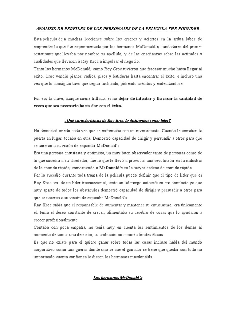 Análisis de personajes en "The Founder" | PDF | Mc Donald's