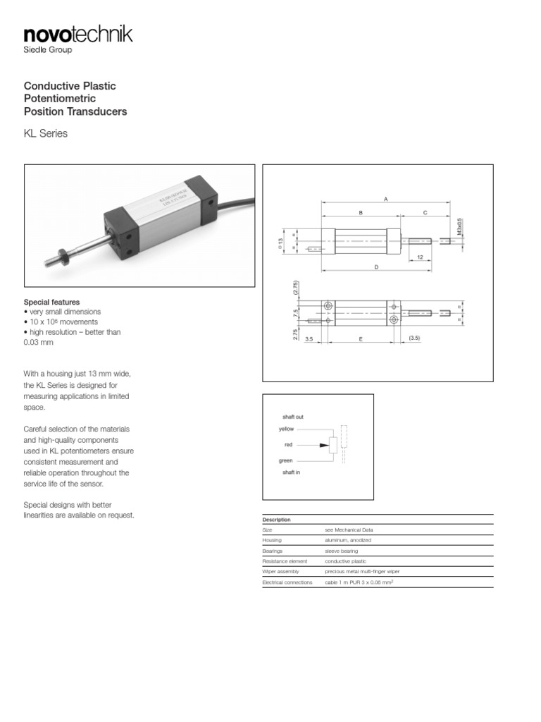 Conductive Plastic Potentiometric Position Transducers KL Series | PDF ...