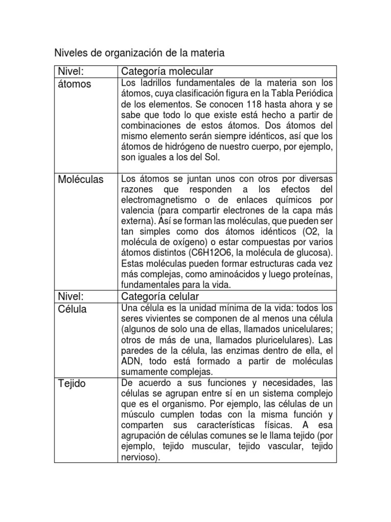 Niveles de organización de la materia | PDF | Moléculas | Organismos