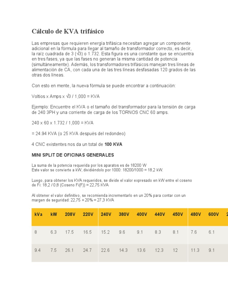 Cálculo de KVA Trifásico y Transformadores | PDF | Transformador ...