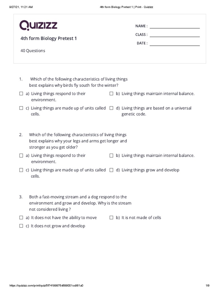 4th Form Biology Pretest 1 - Print - Quizizz | Download Free PDF ... 4th Form Biology Pretest 1 - Print - Quizizz | Download Free PDF ...