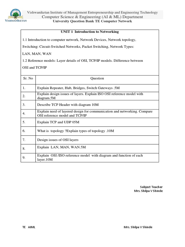 Unit1 QB CN AIML MU | PDF Unit1 QB CN AIML MU | PDF