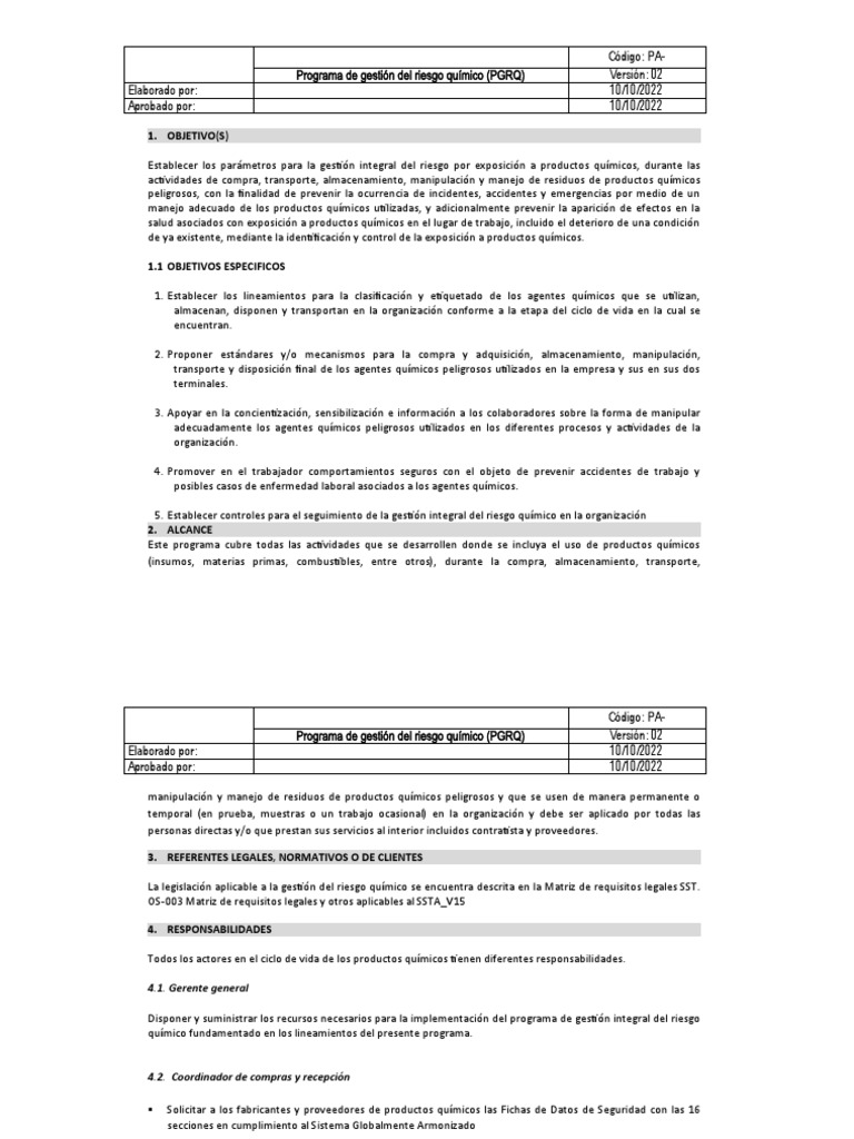 Programa De Gestión Del Riesgo Químico Propuesta Pdf Residuos Riesgo