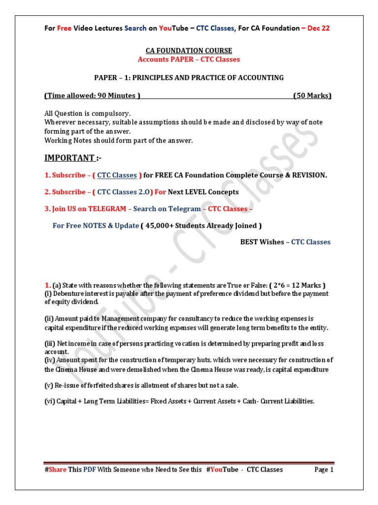 50 MARKS Accounts Paper CTC Classes | PDF | Expense | Banks