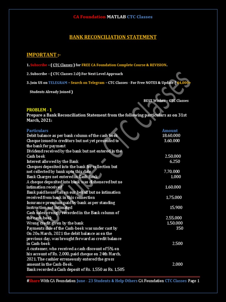 CA Foundation June 23 BRS Problem - CTC Classes | PDF | Cheque | Banks CA Foundation June 23 BRS Problem - CTC Classes | PDF | Cheque | Banks