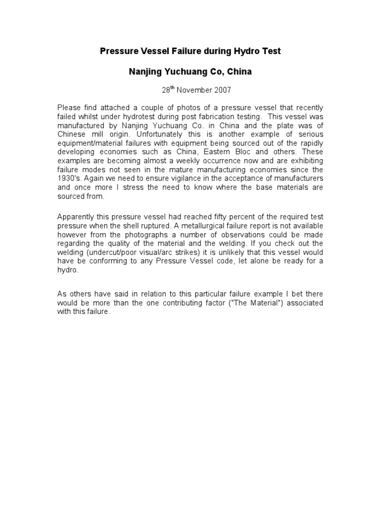 Pressure Vessel Failure During Hydrotest | PDF