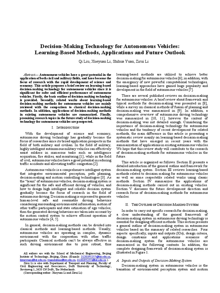 Decision-Making Technology For Autonomous Vehicles: Learning-Based ...