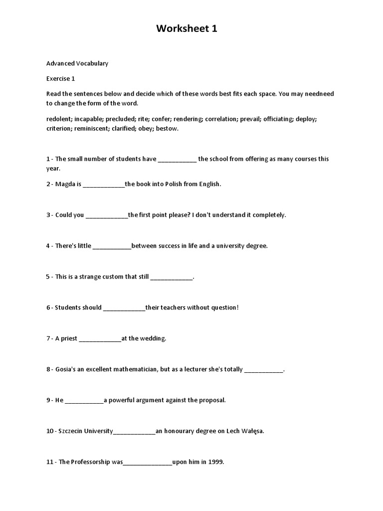 Advanced vocabulary worksheet | PDF