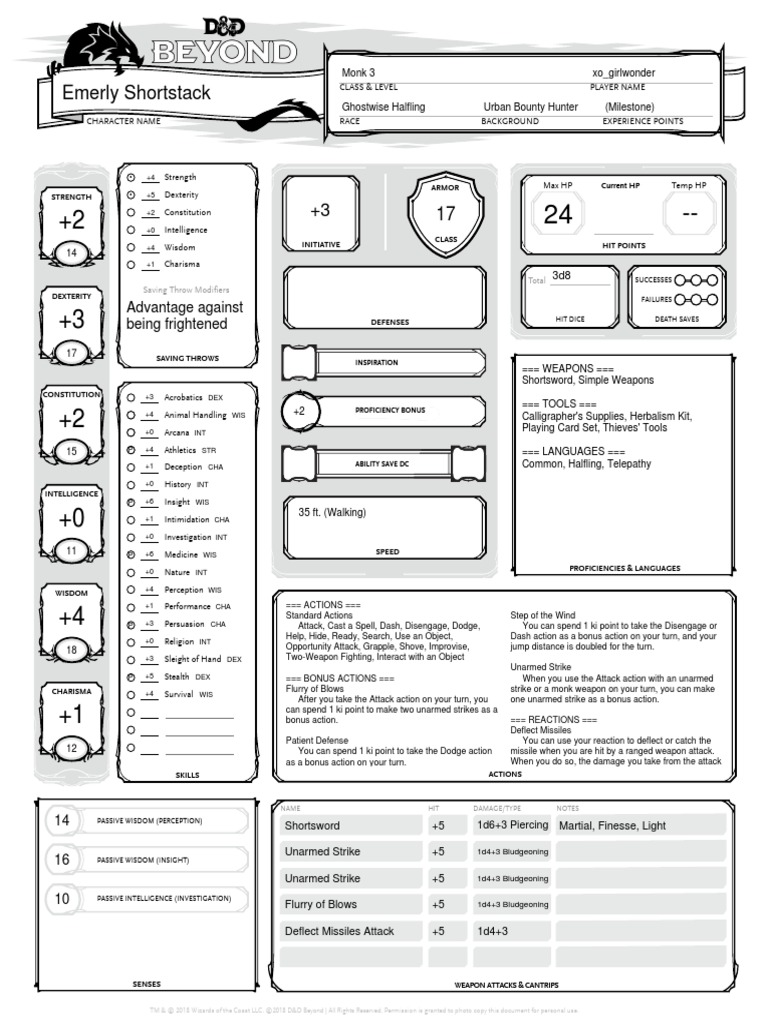 Emerly Shortstack - Ghostwise Halfling Way of Mercy Monk | PDF | Gaming ...