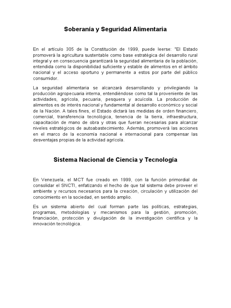 Soberanía y Seguridad Alimentaria y Sistema Nacional de Ciencia y Tecnología | PDF