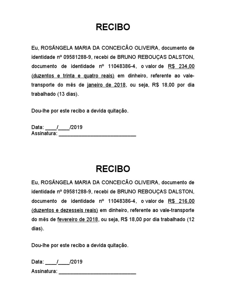 Recibo Vale Transporte - 13 e 14 Dias | PDF