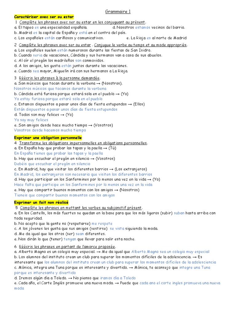 Grammaire Fiche 1 ESPAGNOL | PDF