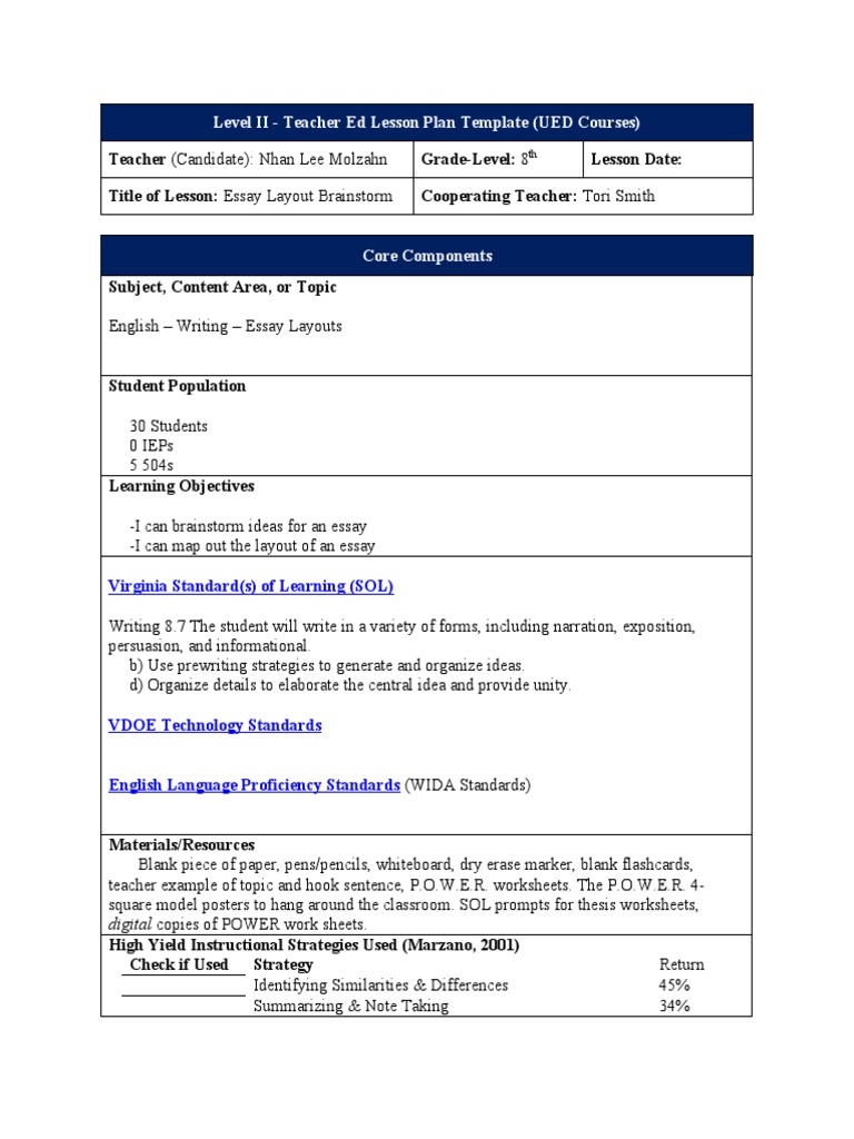 Lesson Plan 1 - Smith - Essay Layout Brainstorm | PDF | Lesson Plan ...