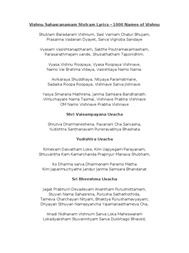 Vishnu Sahasranamam Stotram | PDF | Hindu Deities | Hindu Gods