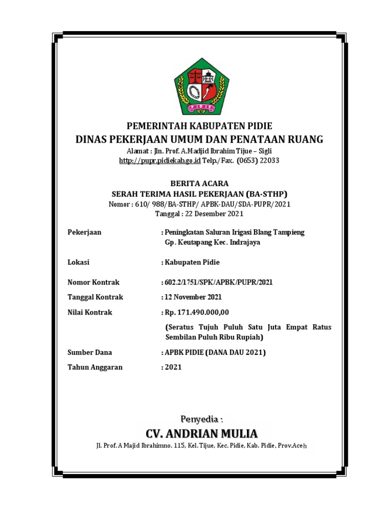 Serah Terima Pekerjaan Irigasi Pidie | PDF