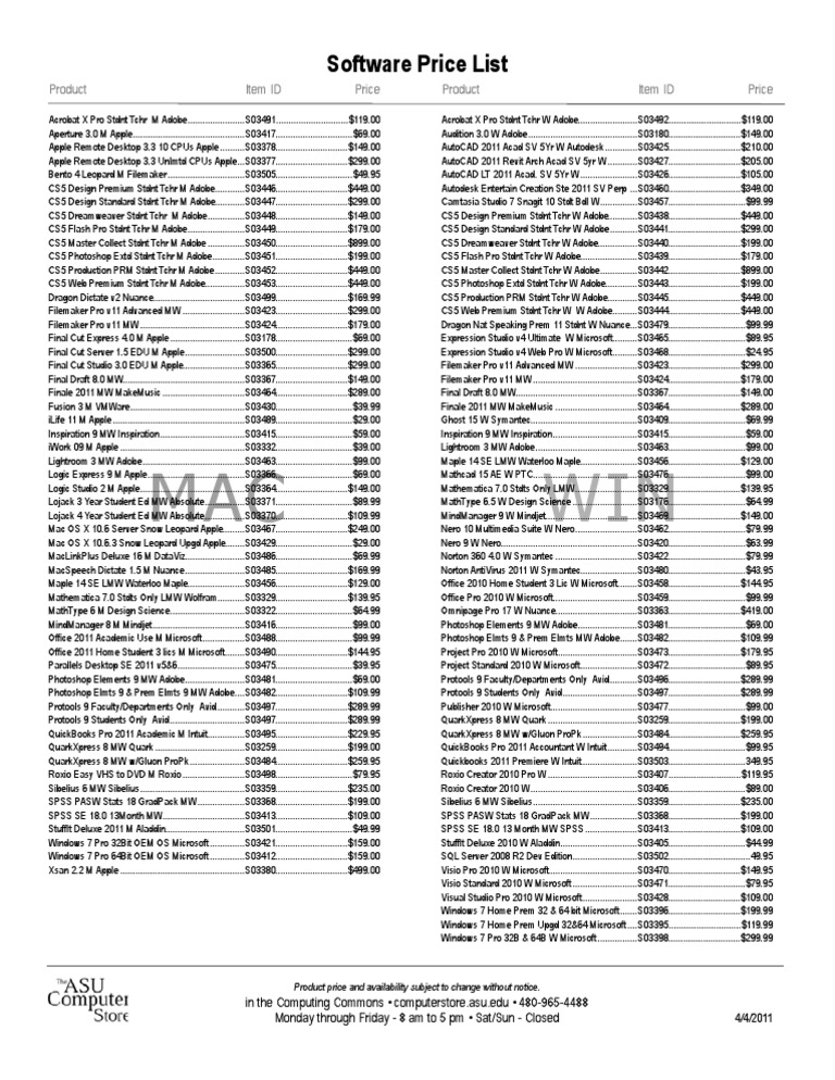 Software Price List 110404 | PDF | Adobe Systems | Mac Os X Snow Leopard
