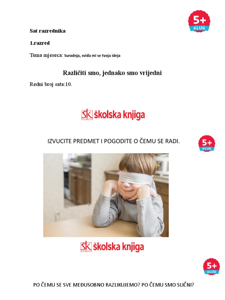 Različiti Smo, Jednako Smo Vrijedni: Sat Razrednika 1.razred | PDF