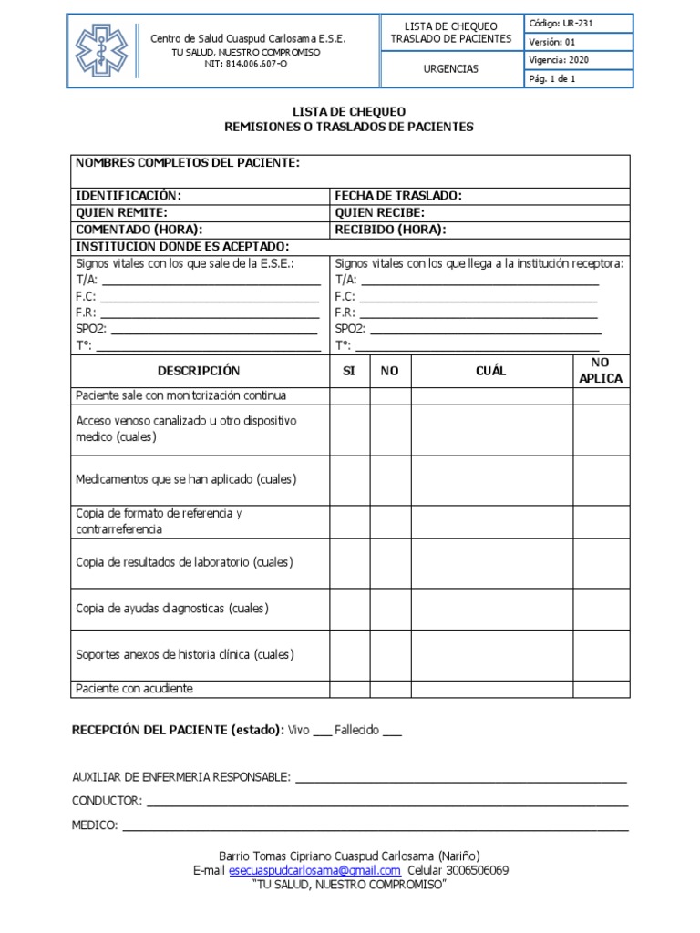 Lista de Chequeo Traslado de Pacientes | Descargar gratis PDF ...
