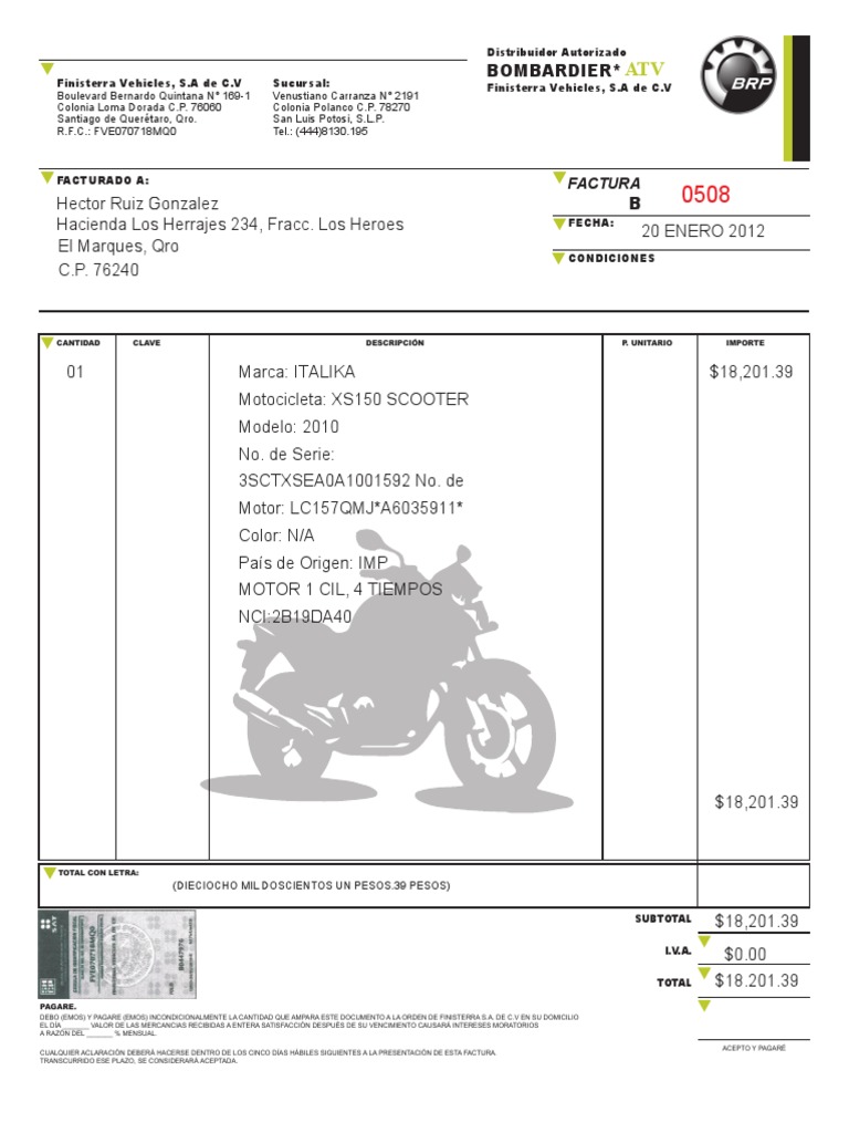 Factura Motoneta PELON | Descargar gratis PDF | Motociclismo