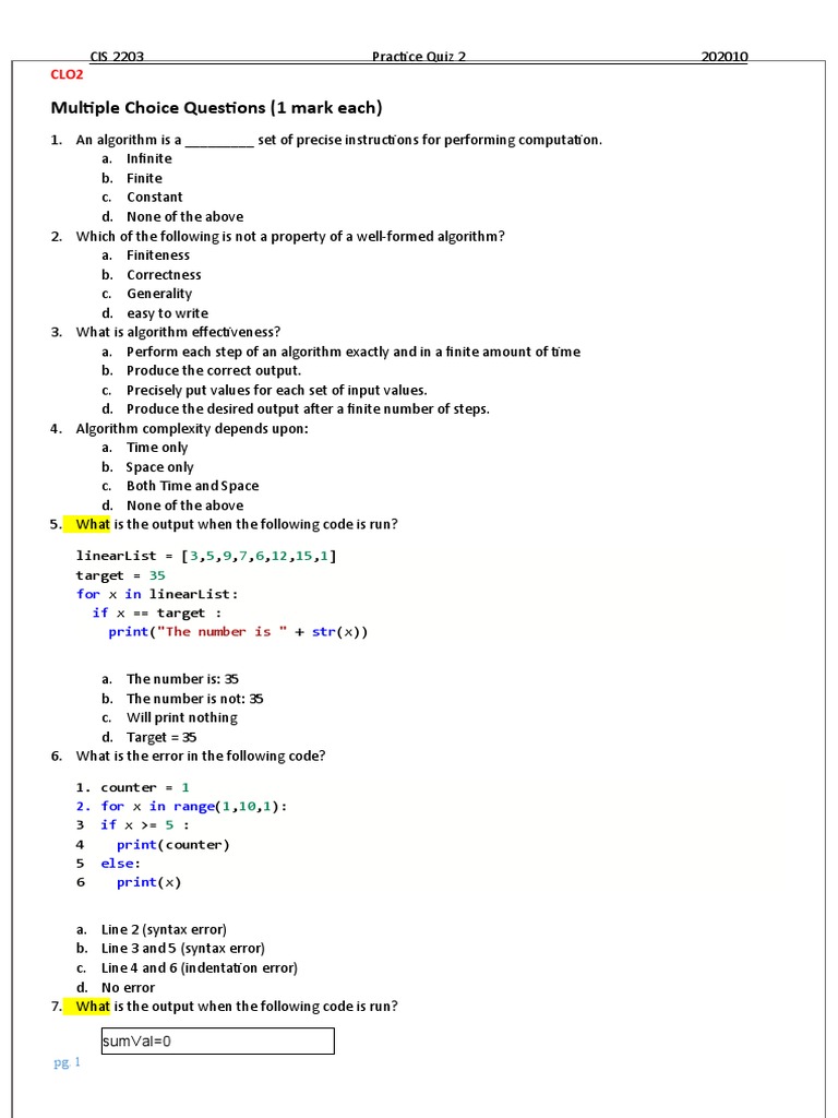 1a. Practice Quiz 2 | PDF | Time Complexity | Computational Complexity Theory