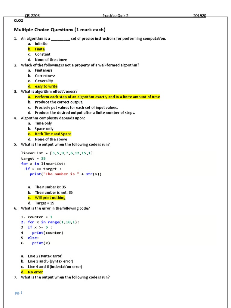 1a. Practice Quiz 2 - Solution | PDF | Time Complexity | Algorithms