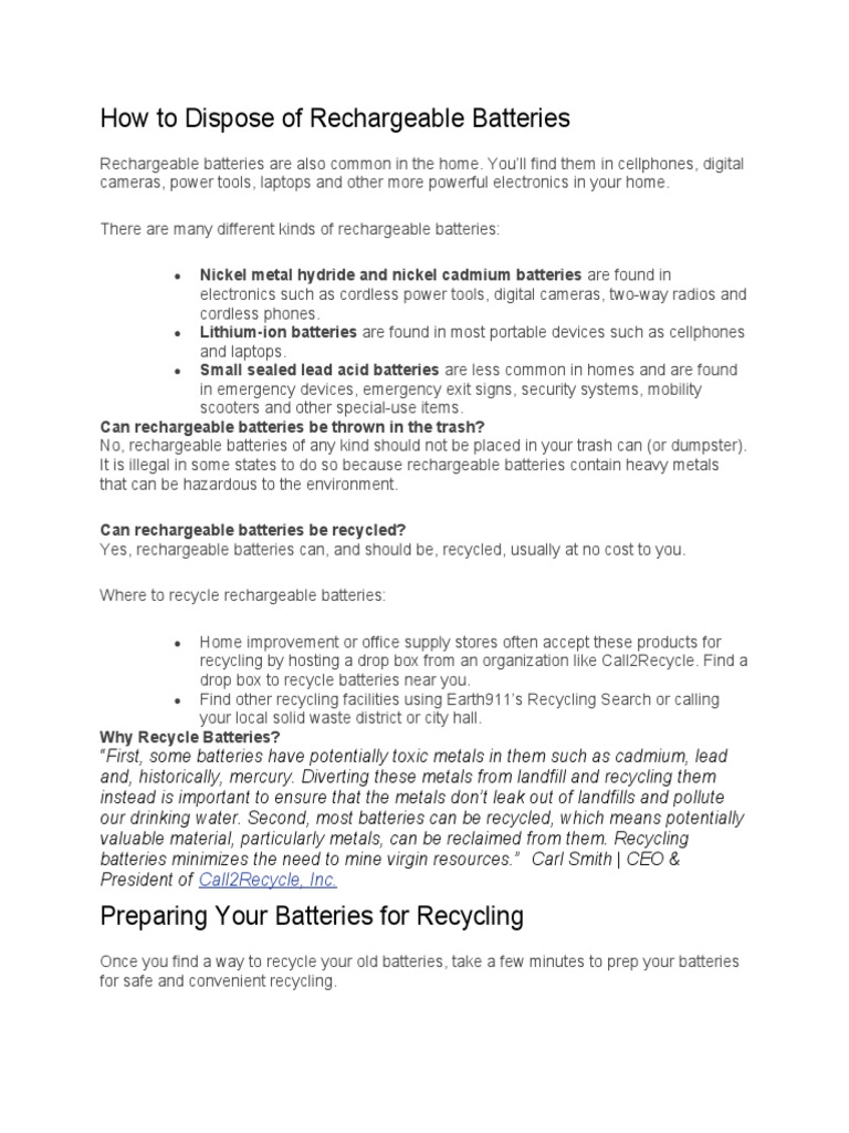 The Proper Way to Dispose of and Recycle Rechargeable Batteries | PDF ...