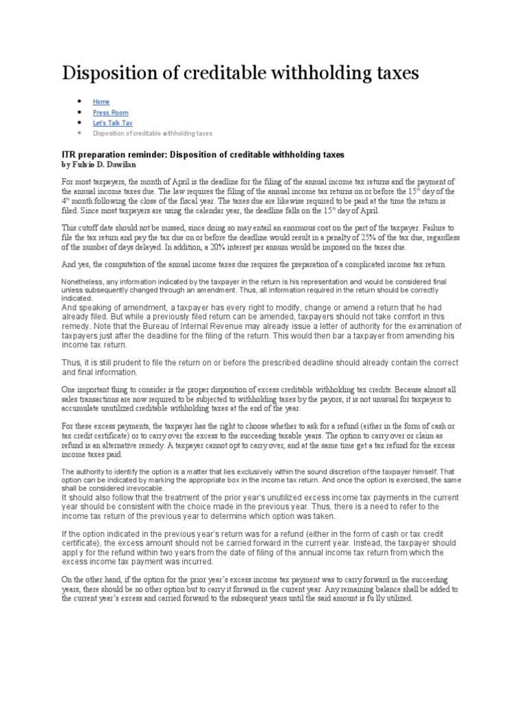 Disposition of Creditable Withholding Taxes | PDF | Withholding Tax ...